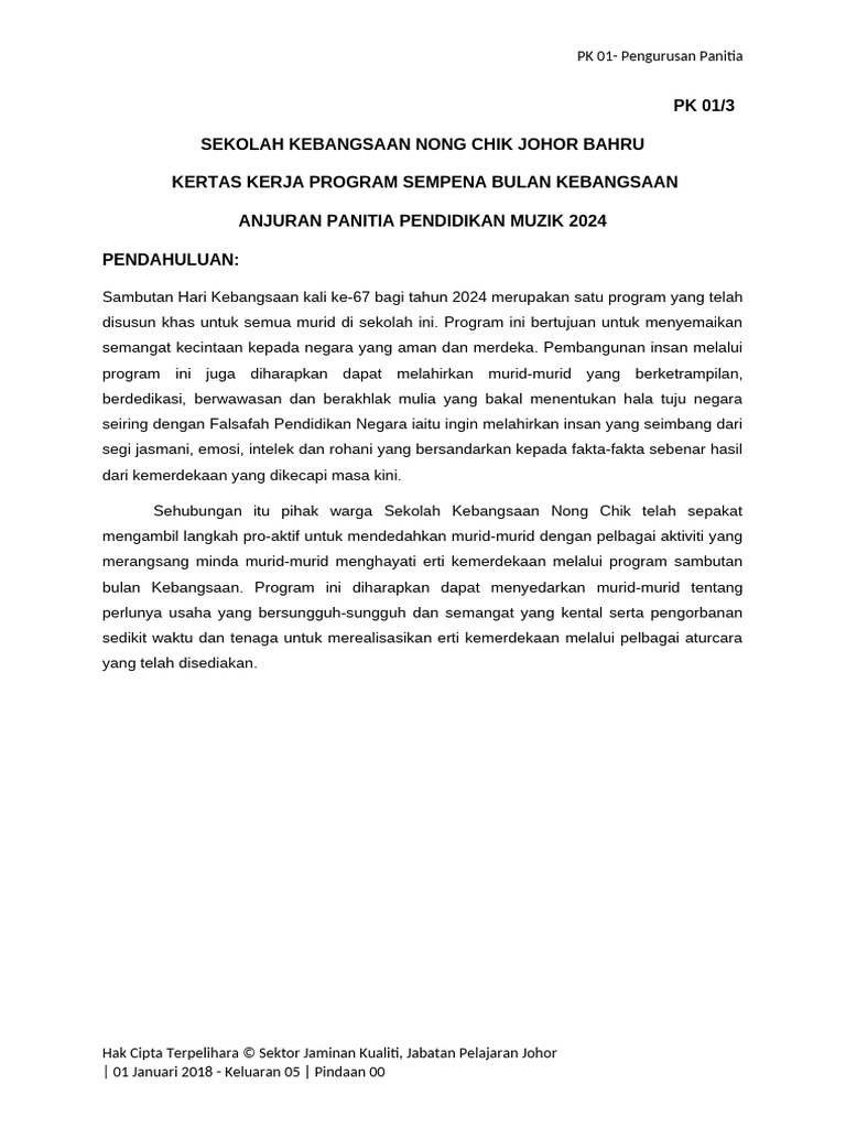 Kertas Kerja Sambutan Hari Kebangsaan Panitia MZ 2024 | PDF