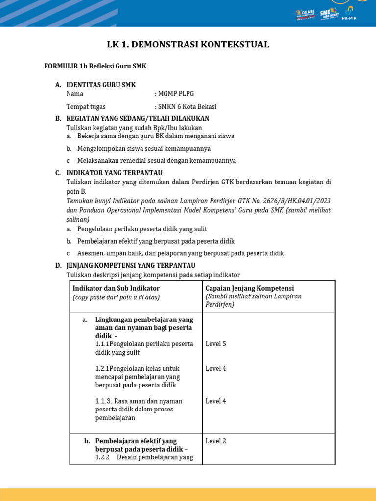 LK1. DK - Formulir 1 - Refleksi Guru MGMP PPLG | PDF