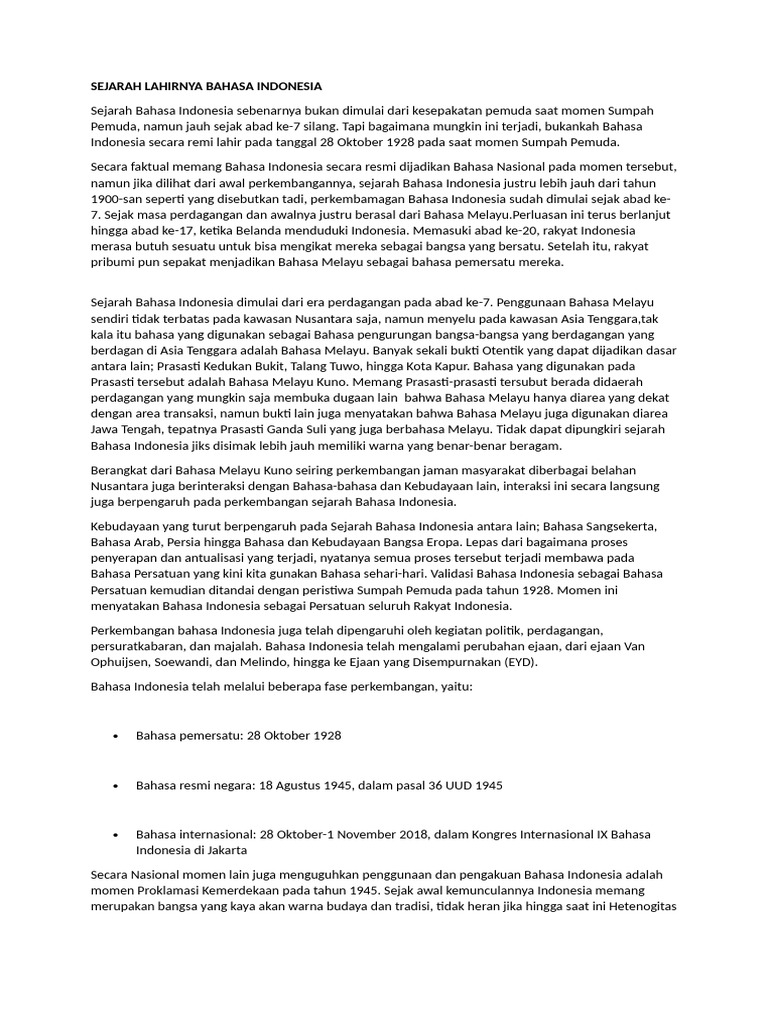 Sejarah Lahirnya Bahasa Indonesia | PDF