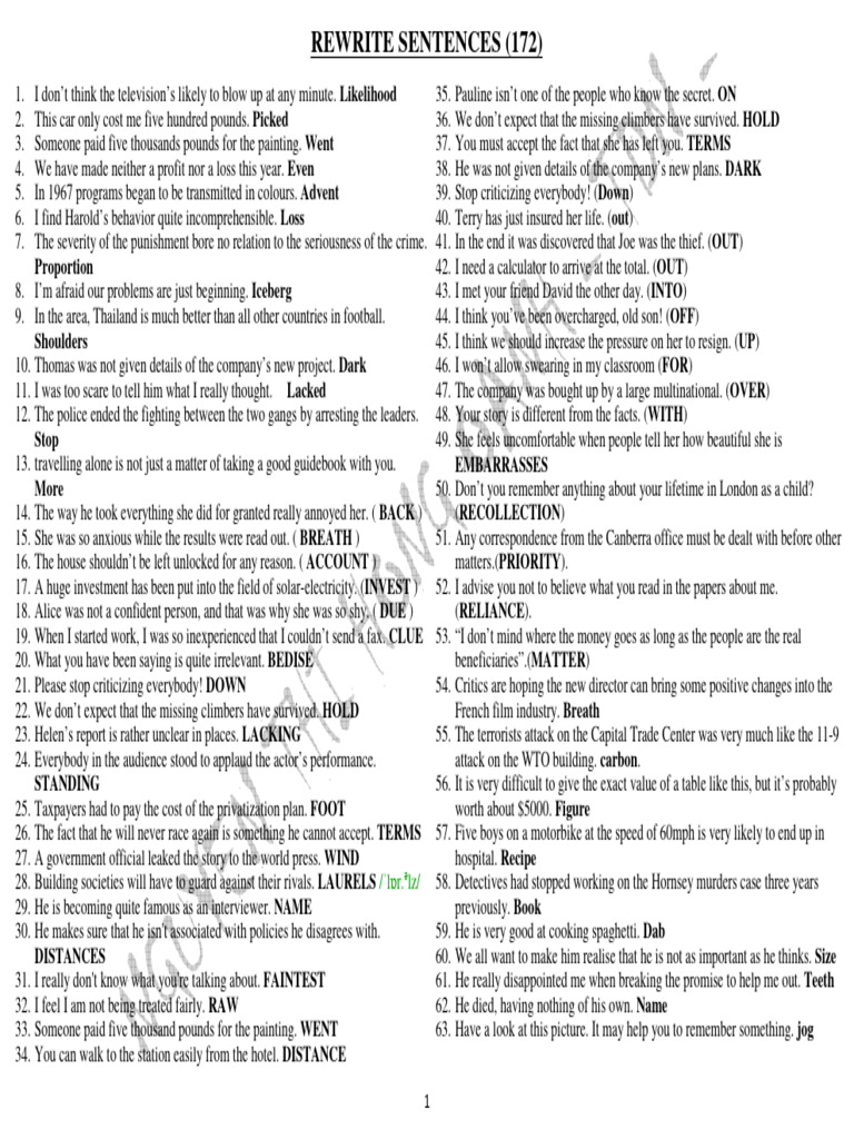 REWRITE SENTENCES - 272 Cau | PDF