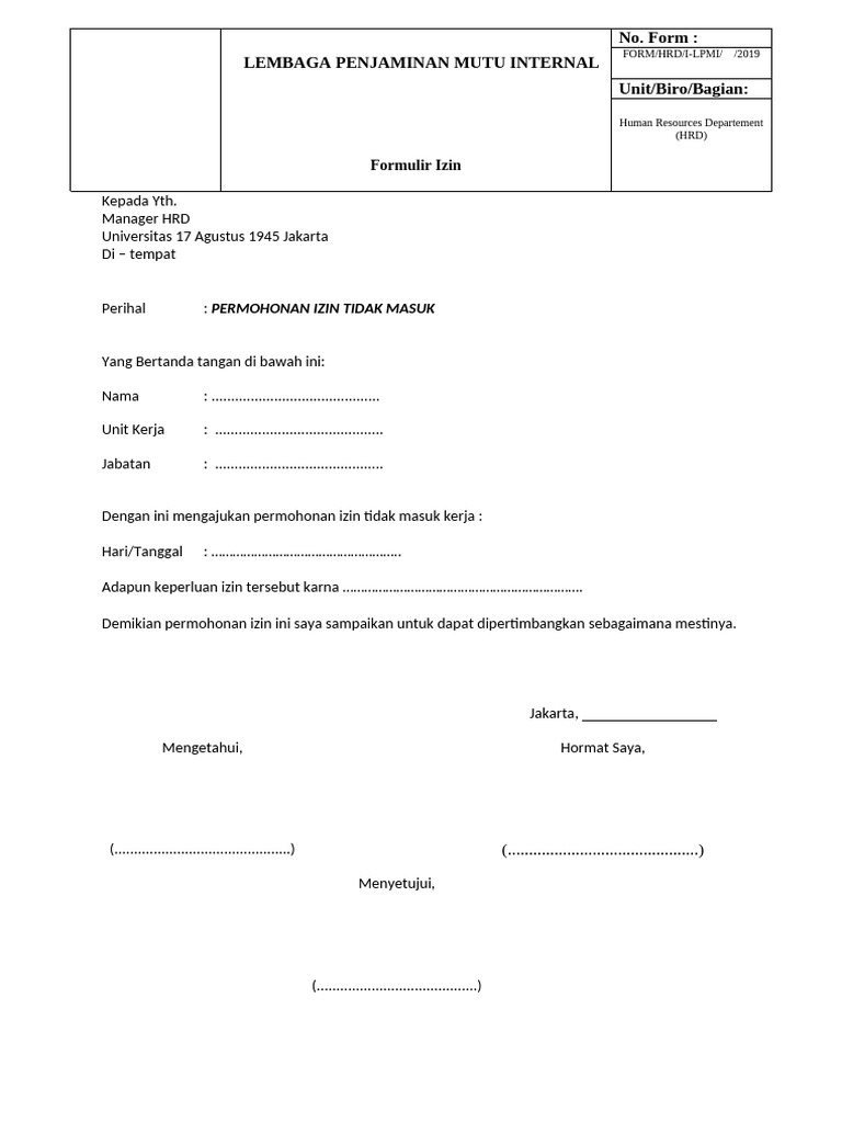 Contoh Form Ijin Tidak Masuk | PDF