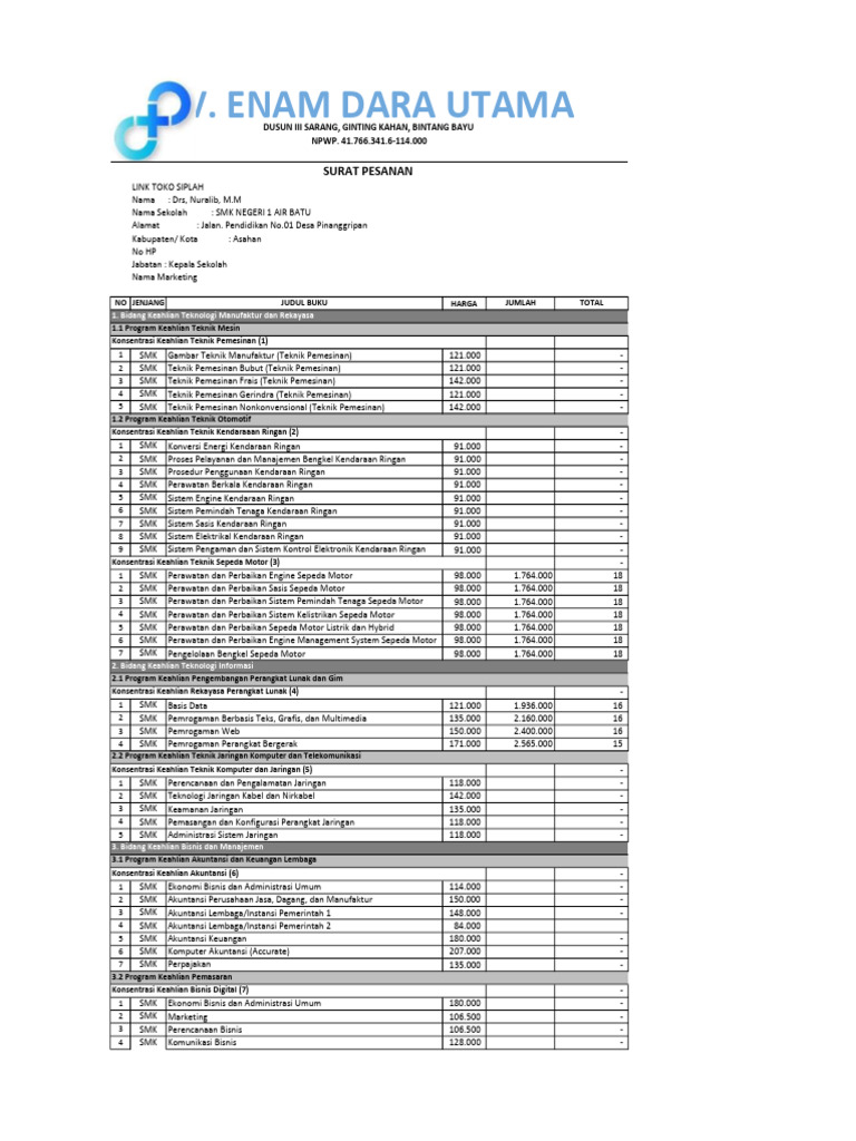 Pesanan CV. ENAM DARA UTAMA | PDF