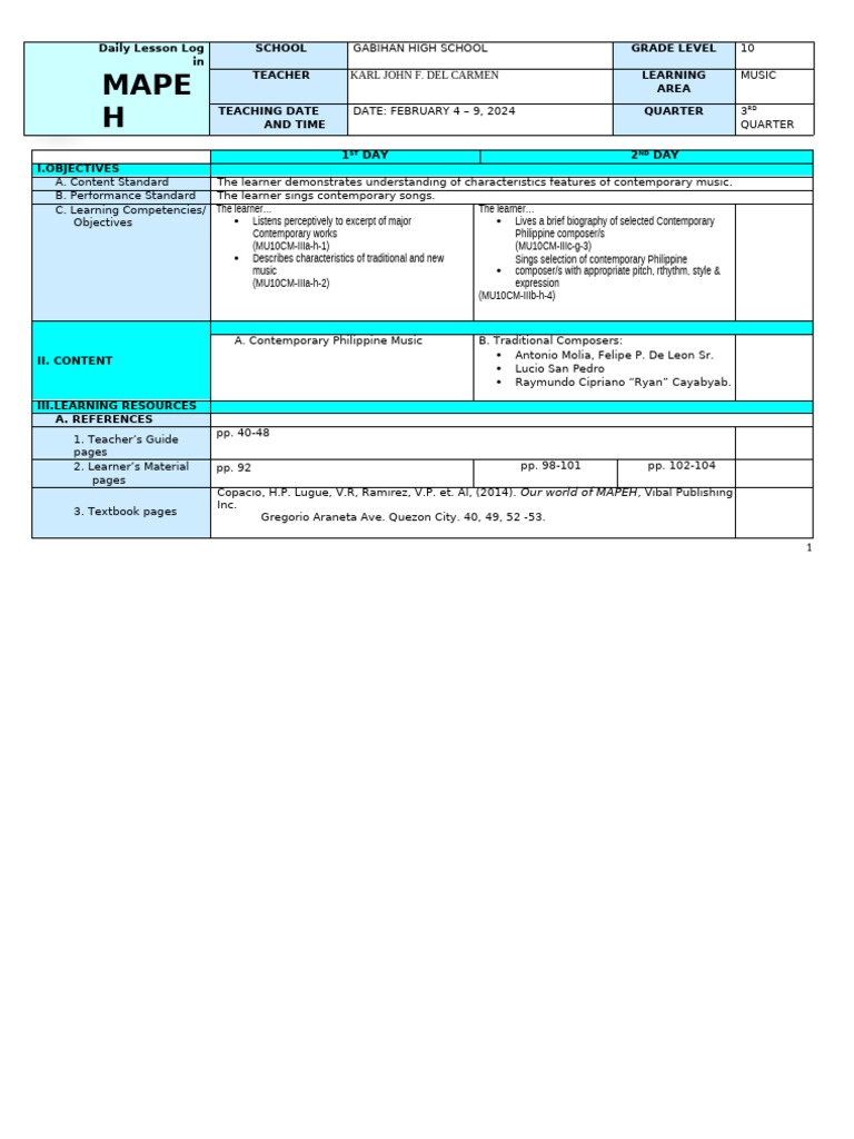 MAPEH 10 3rd quarter DLL | PDF