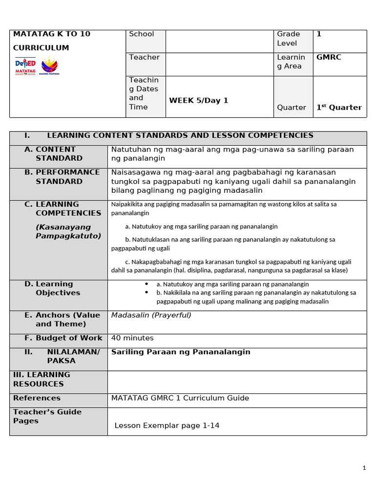 GMRC LP WEEK 5 - Day1 | PDF
