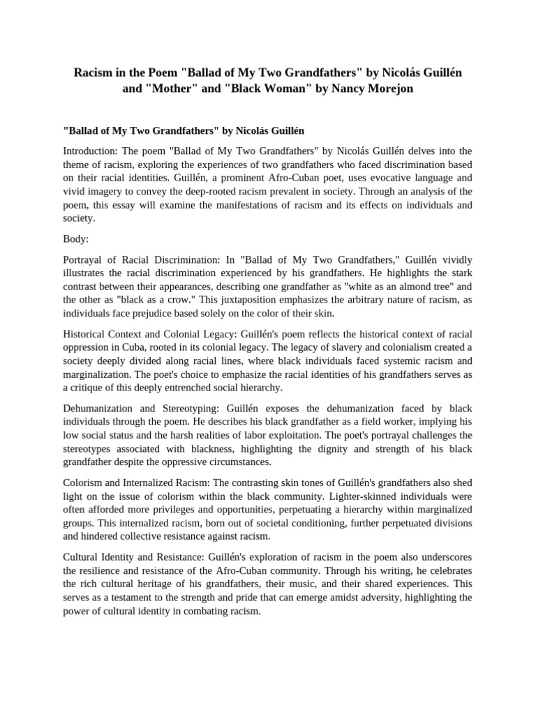 Racism in The Poem Ballad of My Two Grandfathers by Nicolás Guillén and Mother and Black Woman ...