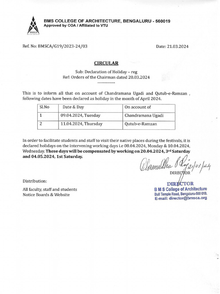 Circular Holiday Declaration April 2024 | PDF
