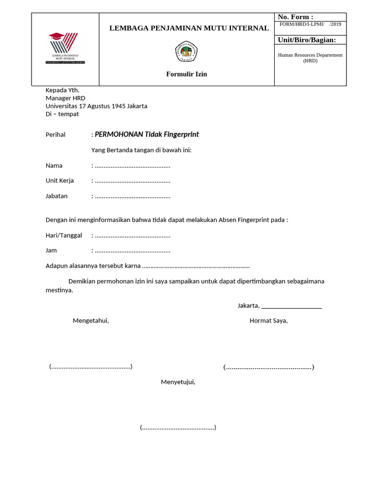 Contoh Form Tidak Finger | PDF