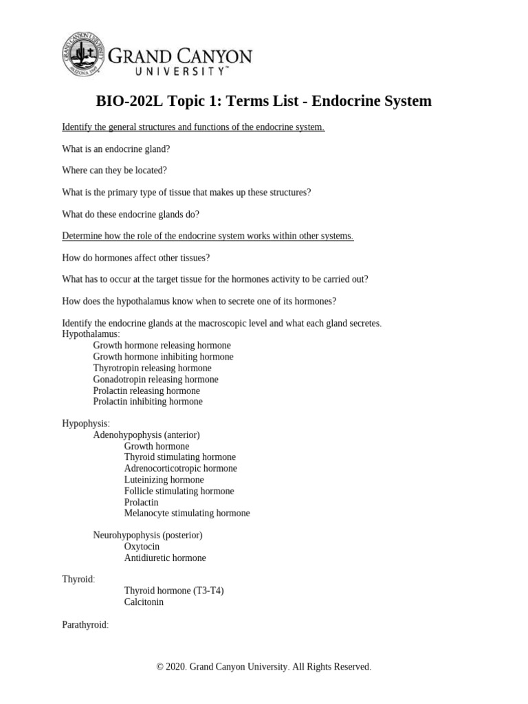 BIO 202L Topic1 RS TermsListEndocrineSystem | PDF