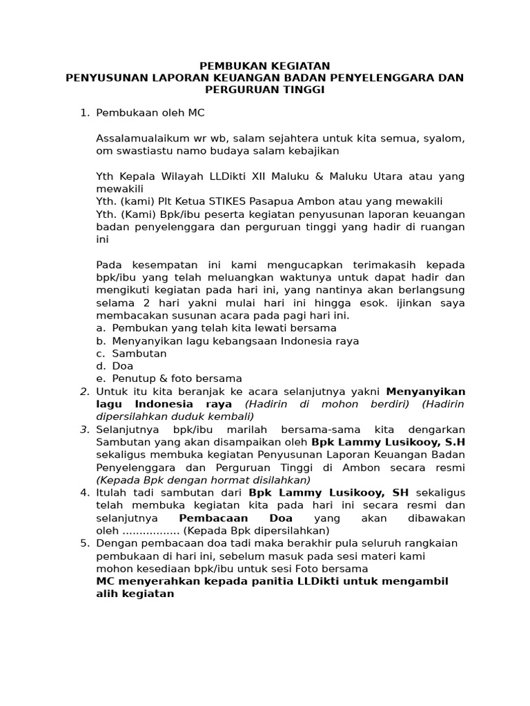 Susunan Acara Pembukaan Kegiatan Besok | PDF