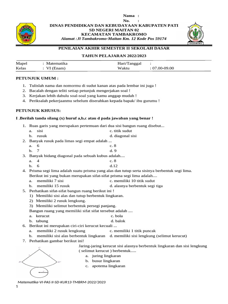 NASKAH SOAL MATEMATIKA 6 | PDF