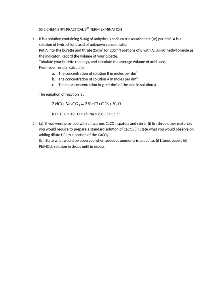 SS 2 Chemistry Practical 3RD Term Exmination | PDF