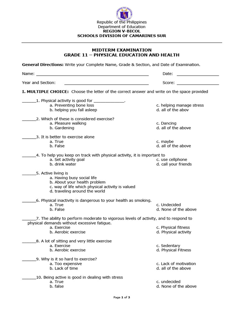 ALS - PEH Midterm Grade 11 Exam | PDF | Healthy Diet | Wellness
