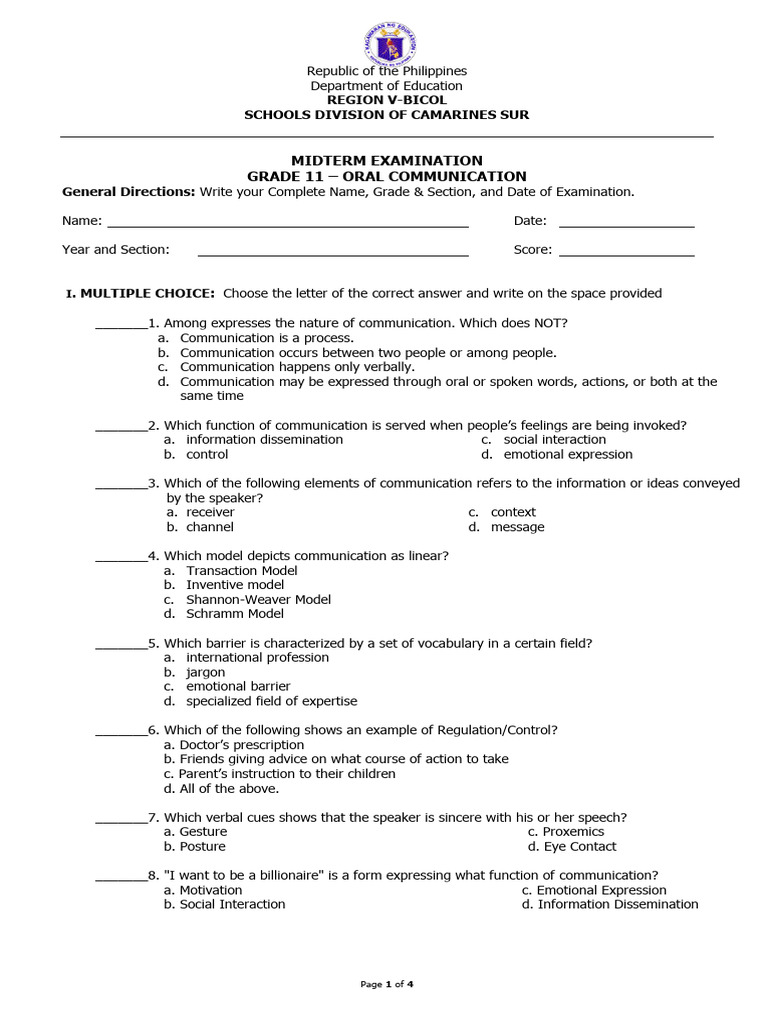 ALS - Oral Communication Midterm Grade 11 Exam | PDF | Communication ...
