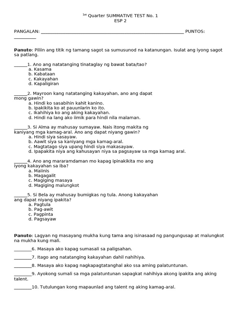 1st Quarter Summative Test No 1 Sy24 25 | PDF