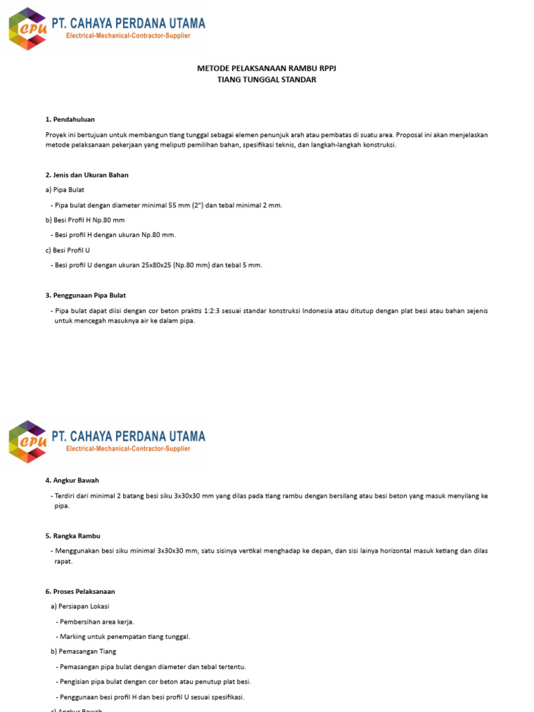Metode Pelaksanaan Rambu RPPJ Tiang Tunggal Standar: 1. Pendahuluan | PDF