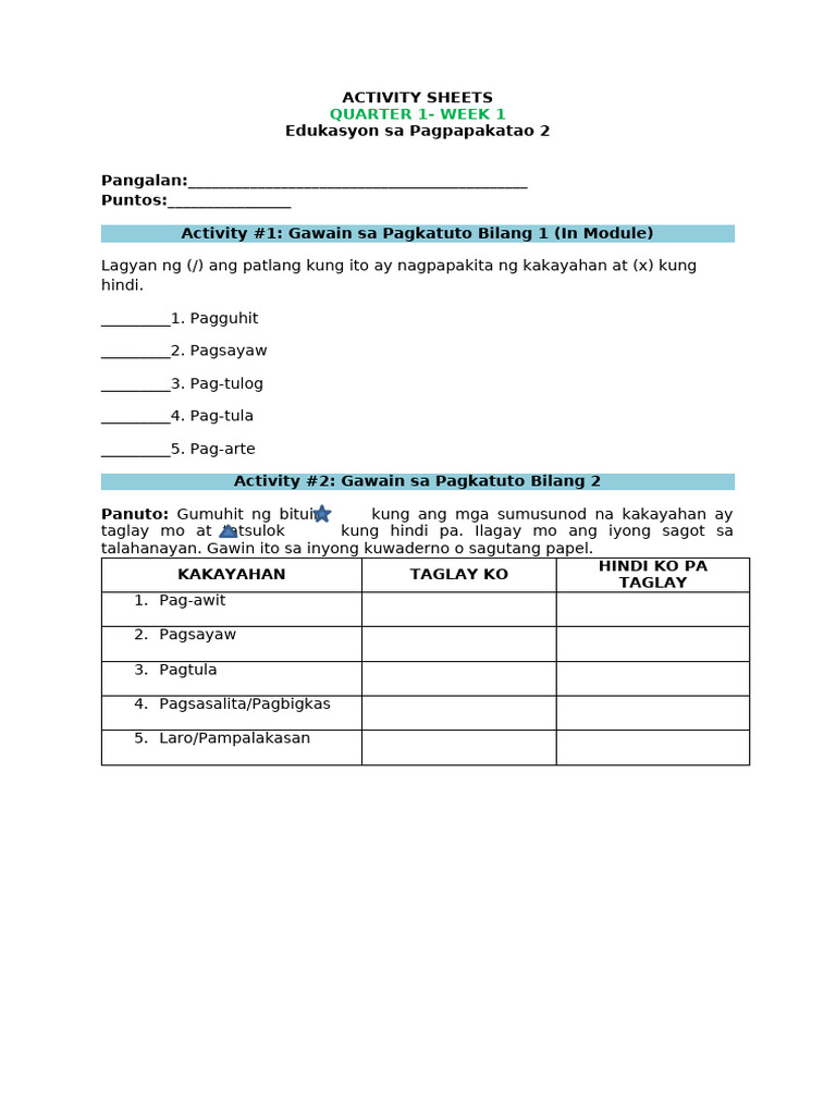 LEARNING ACTIVITY SHEETS-Q1-W1 | PDF