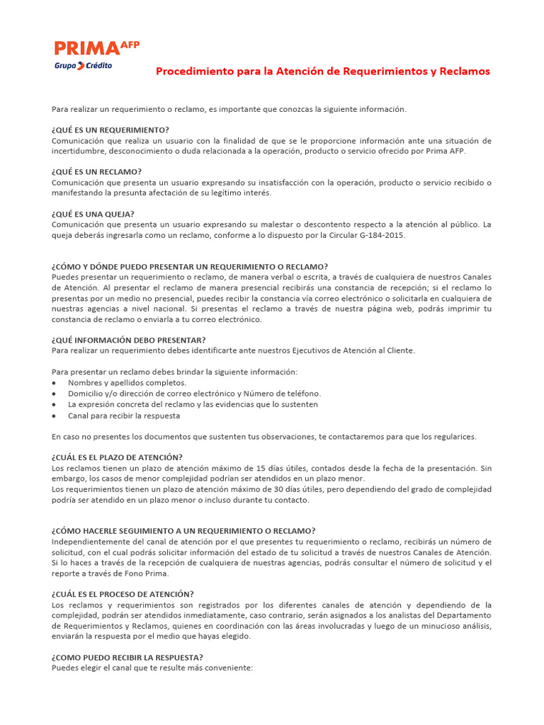 Procedimiento en La Atencion, Consultas y Reclamos en Una AFP | PDF
