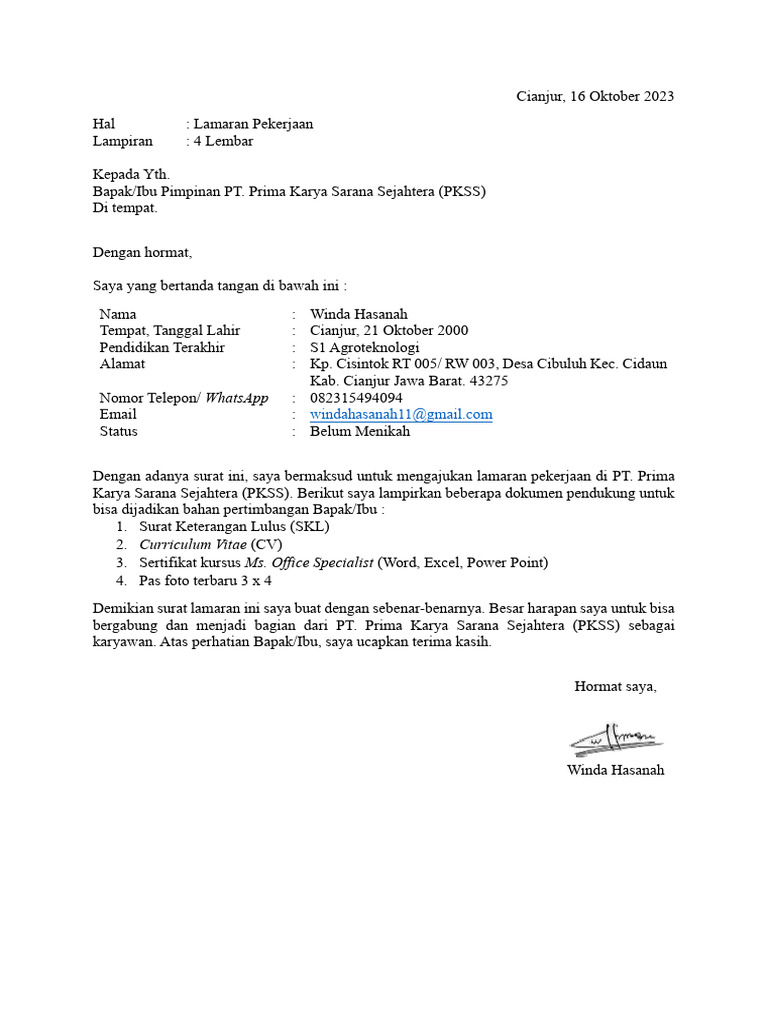 Surat Lamaran Pekerjaan PT. PKSS | PDF