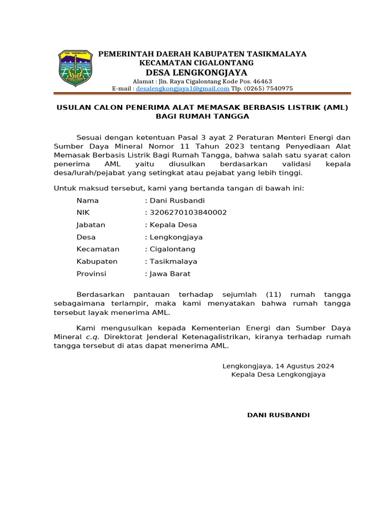 Format Rekom Desa Dan Surat Pernyataan AML 2024 | PDF
