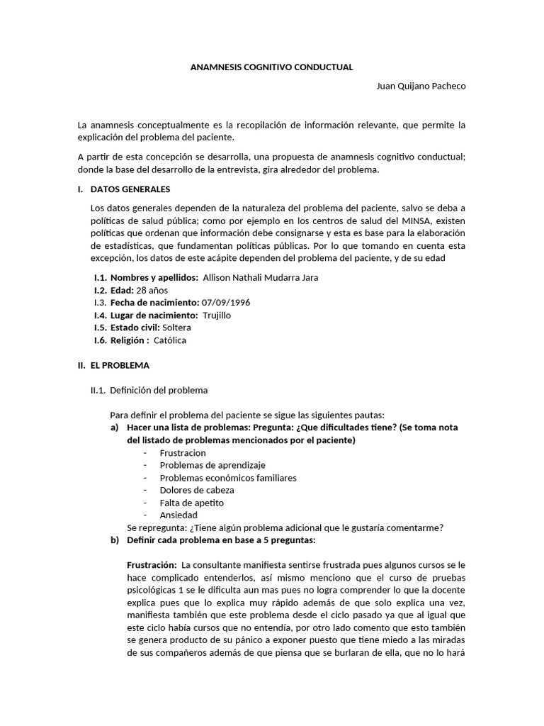 Anamnesis Cognitivo Conductual | PDF