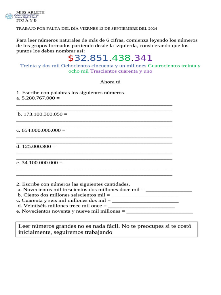 Lectura y Escritura de Numeros | PDF