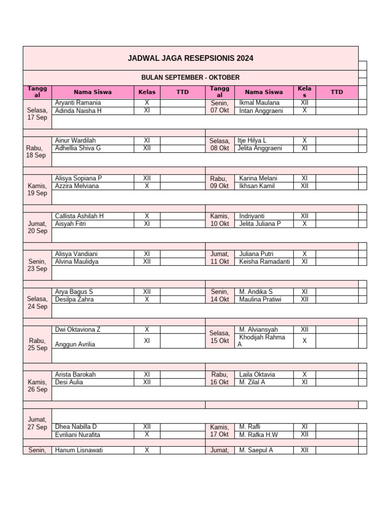 Jadwal Jaga Resepsionis 2024 | PDF