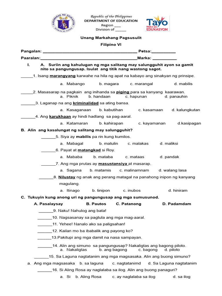 PT_FILIPINO 6_Q1 V2 | PDF