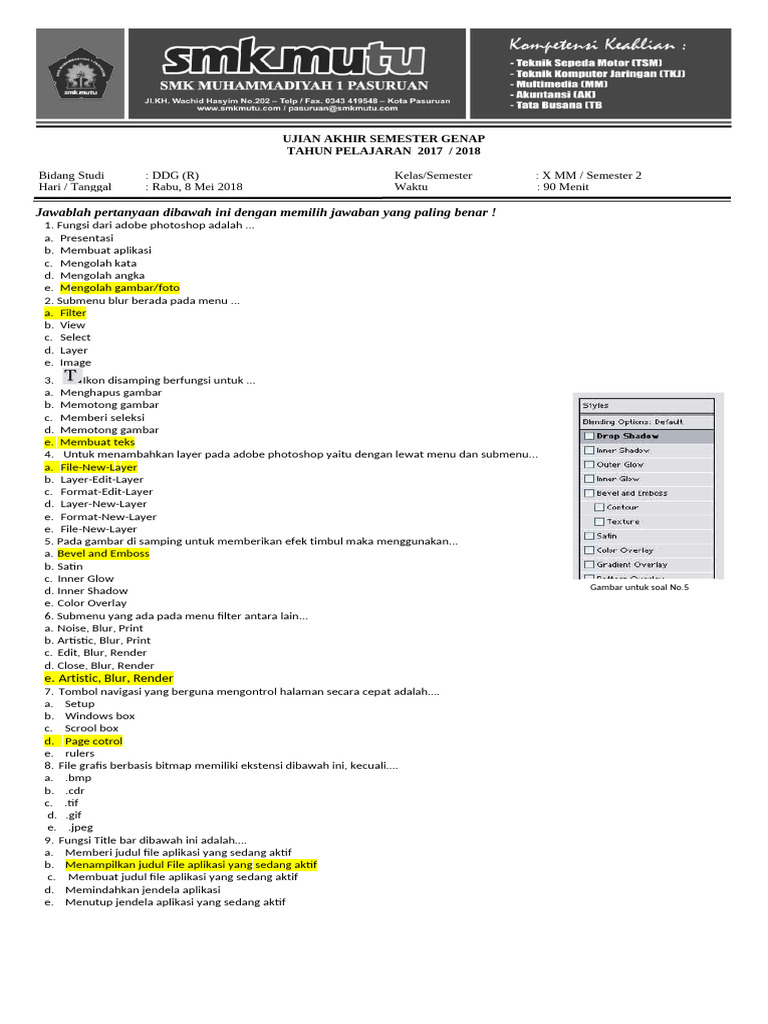 SOAL DDG X MM 2018 Semester 2 | PDF | Adobe Photoshop | Computers