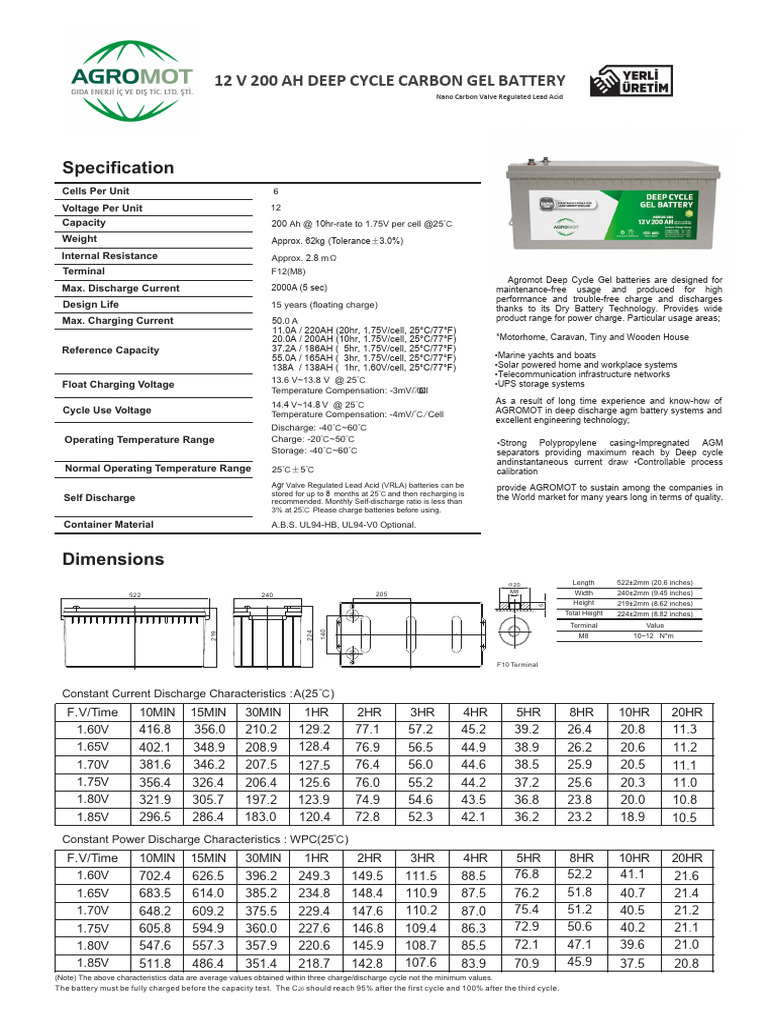 Agromot 12v200ah Carbon Gel Battery Datasheet | PDF