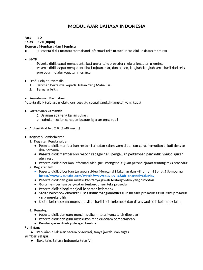 Modul Ajar Teks Prosedur - Kelas VII (Tujuh) | PDF