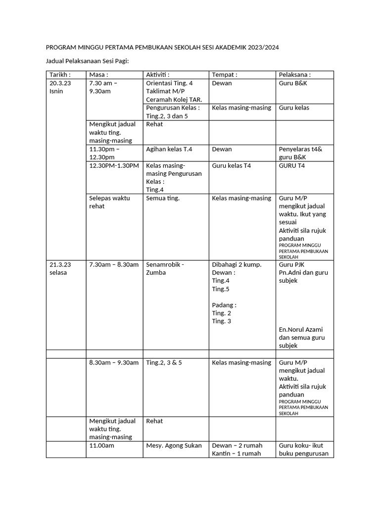Program Minggu Pertama Pembukaan Sekolah Sesi Akademik 2023 24 | PDF