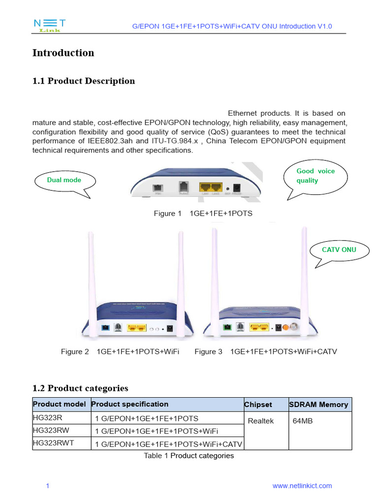 GPON and EPON 1GE1FE1POTSWiFiCATV ONUHG323RWT Introduction - V1.1 - Compressed | PDF