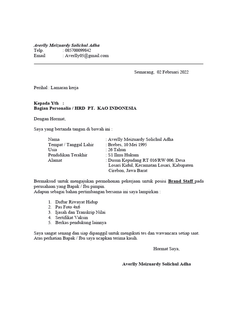 Averlly Meizuardy Solichul Adha: Kepada Yth: Bagian Personalia / HRD PT. KAO INDONESIA | PDF