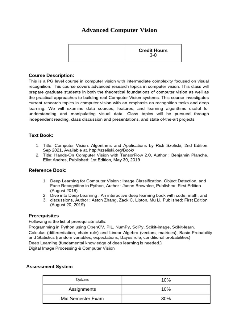 AI 893 Advanced Computer Vision | PDF