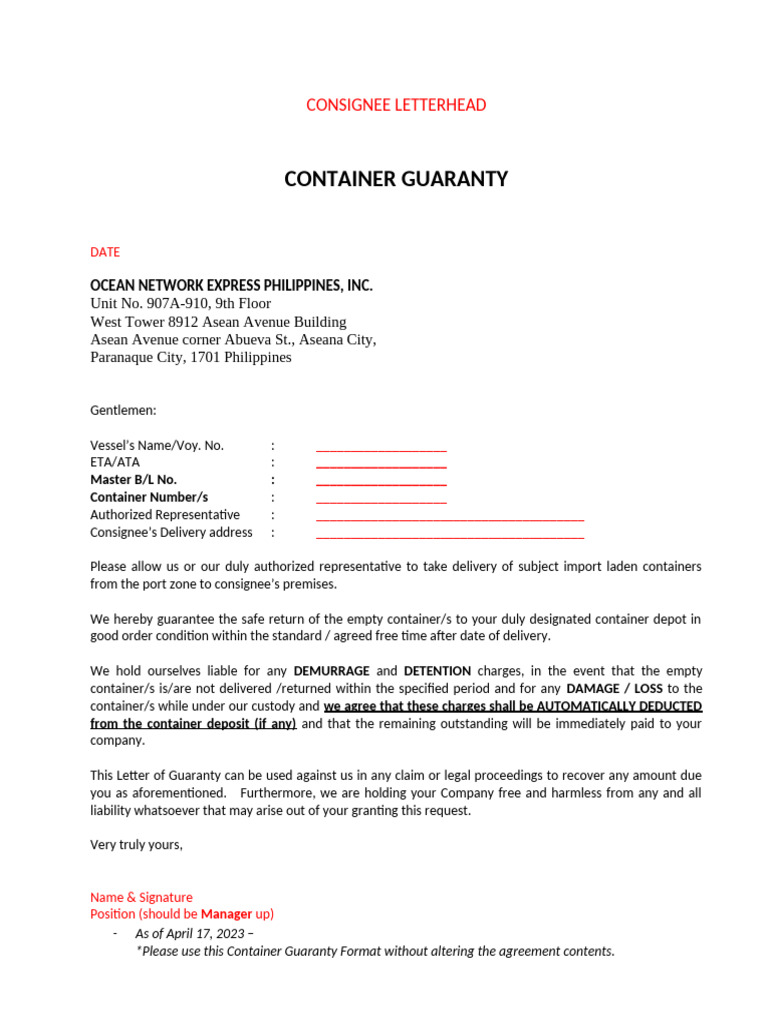 ONE CONTAINER GUARANTY NEW FORMAT As of April 17, 2023 | PDF
