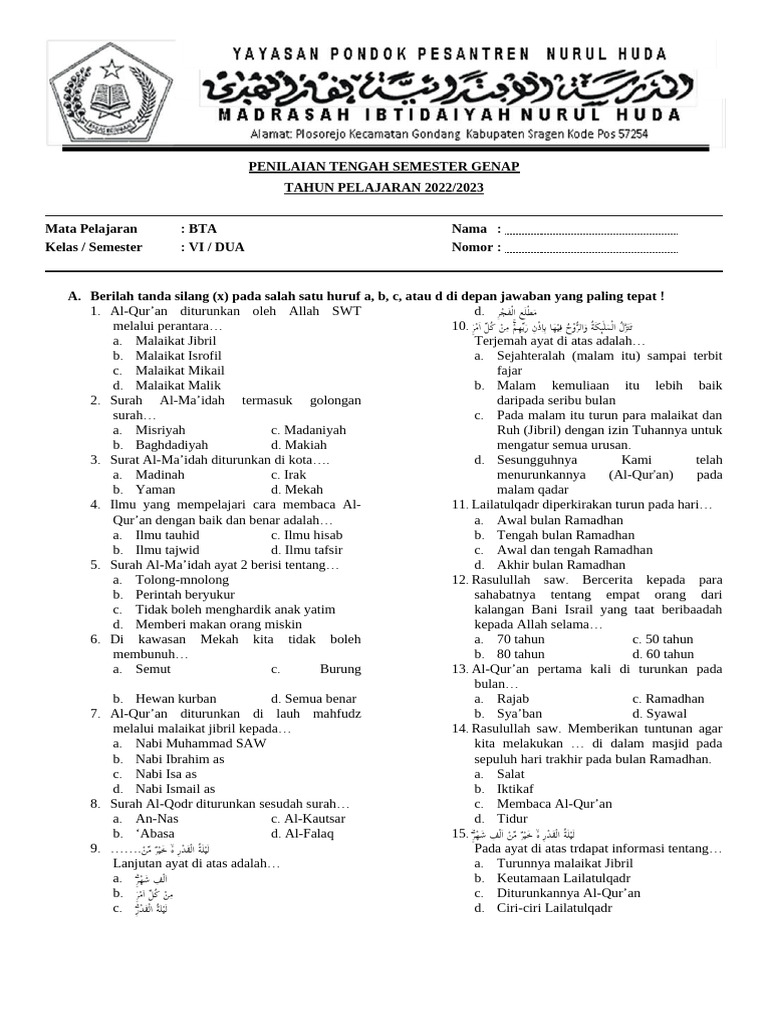 Soal BTA 6 Pat Genap | PDF
