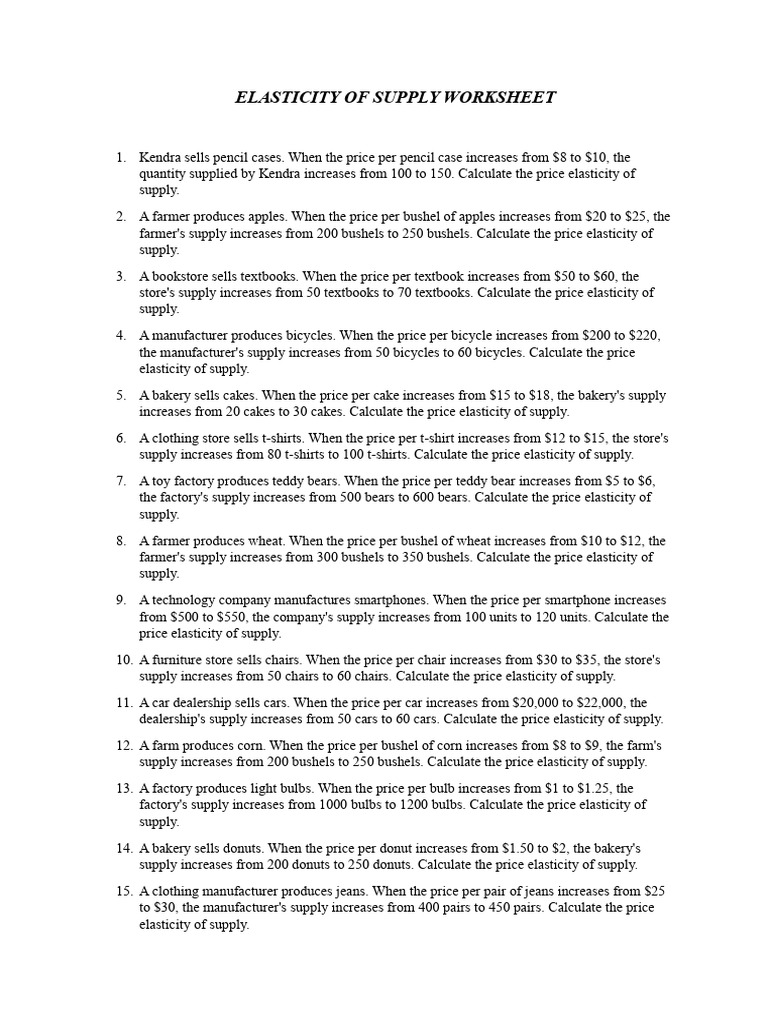 Elasticity of Supply Worksheet | PDF | Elasticity (Economics) | Cooking ...
