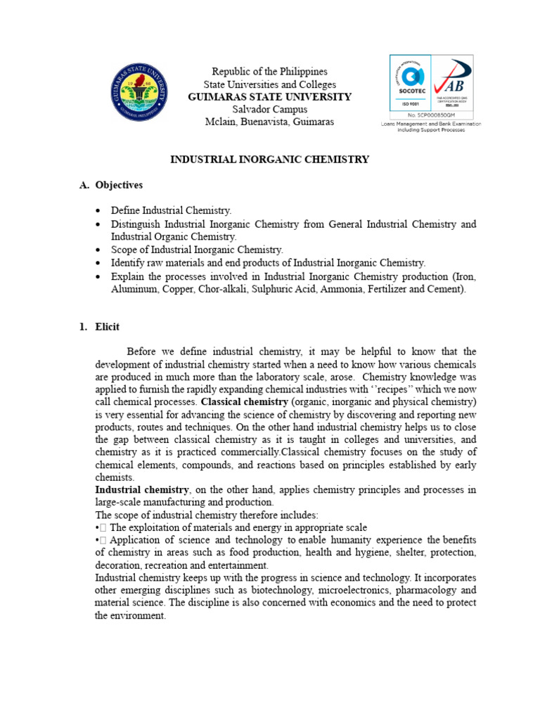 INDUSTRIAL INORGANIC CHEMISTRY LESSON PLAN - Tanaleon | PDF