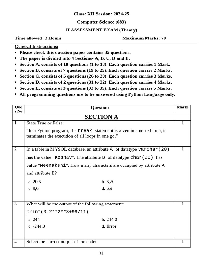ComputerScience-SQP (12) Halfyearly | PDF