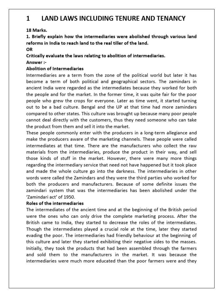 Land Laws Including Tenure and Tenancy 18 Marks | PDF