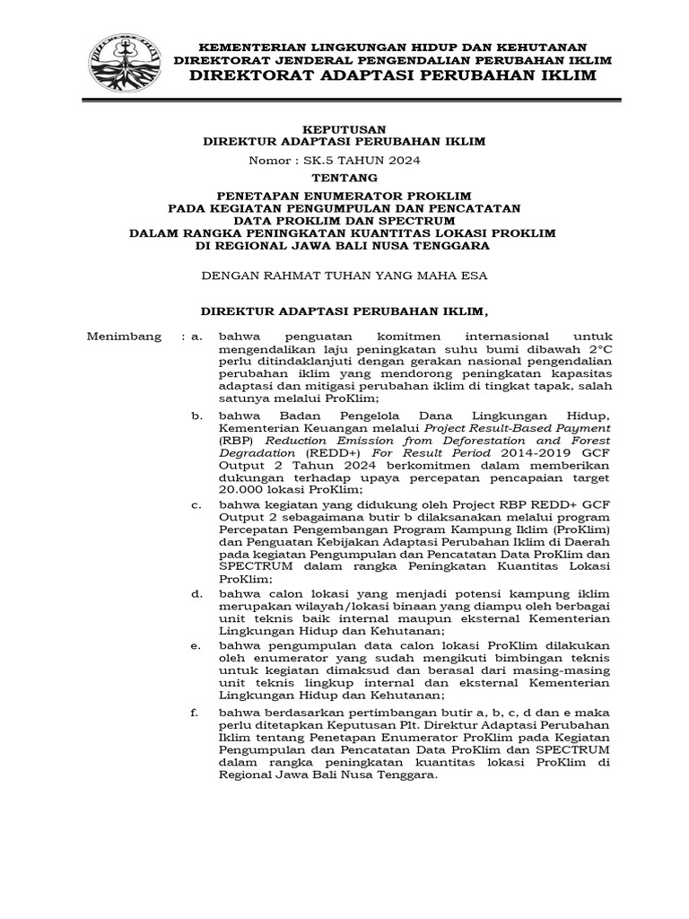 SK Penetapan Enumerator ProKlim_Jawa Bali Nusra_All Fix | PDF