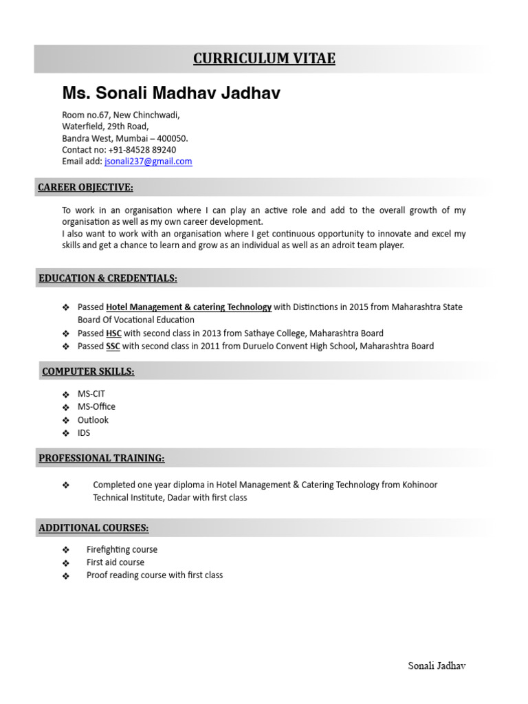 Sonali Jadhav CV | PDF