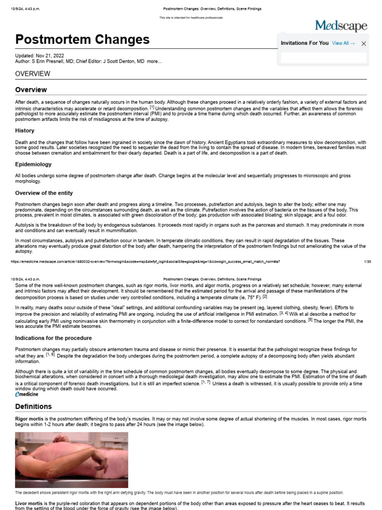 Postmortem Changes - Overview, Definitions, Scene Findings | PDF