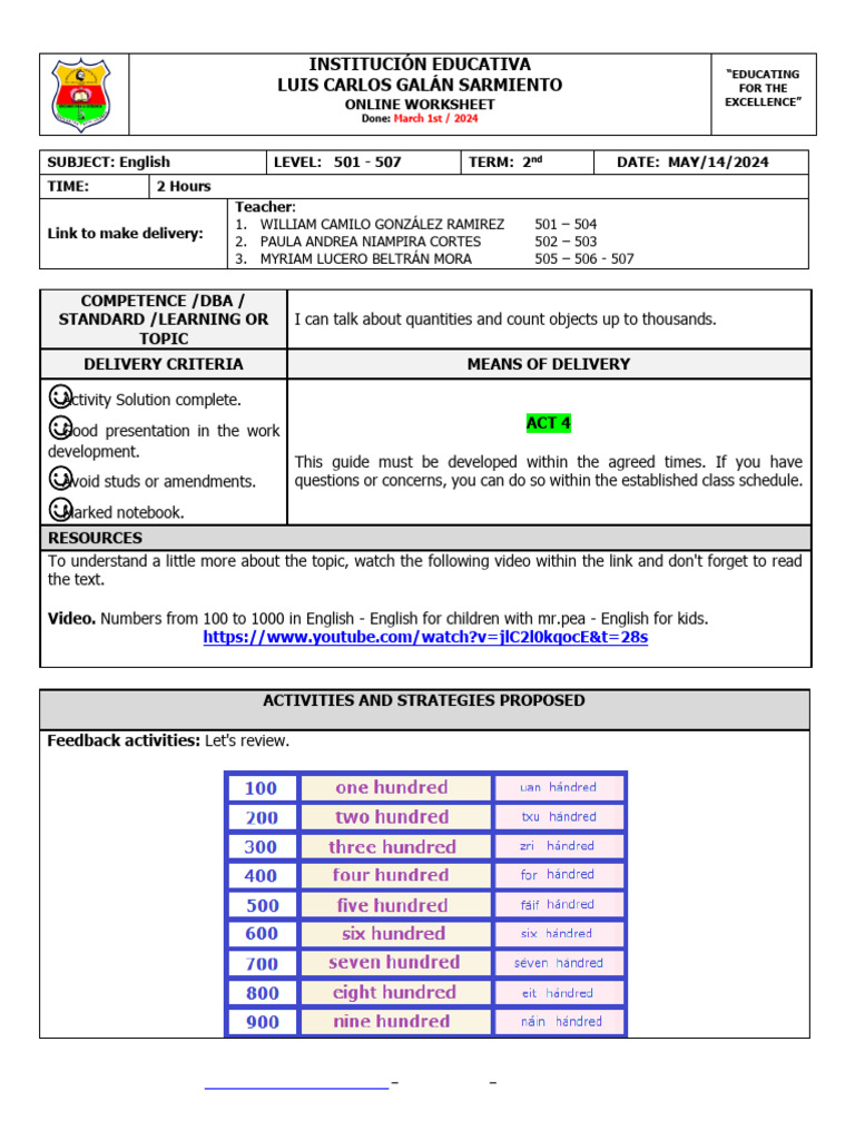 Reviewing Numbers Up To A Thousand | PDF