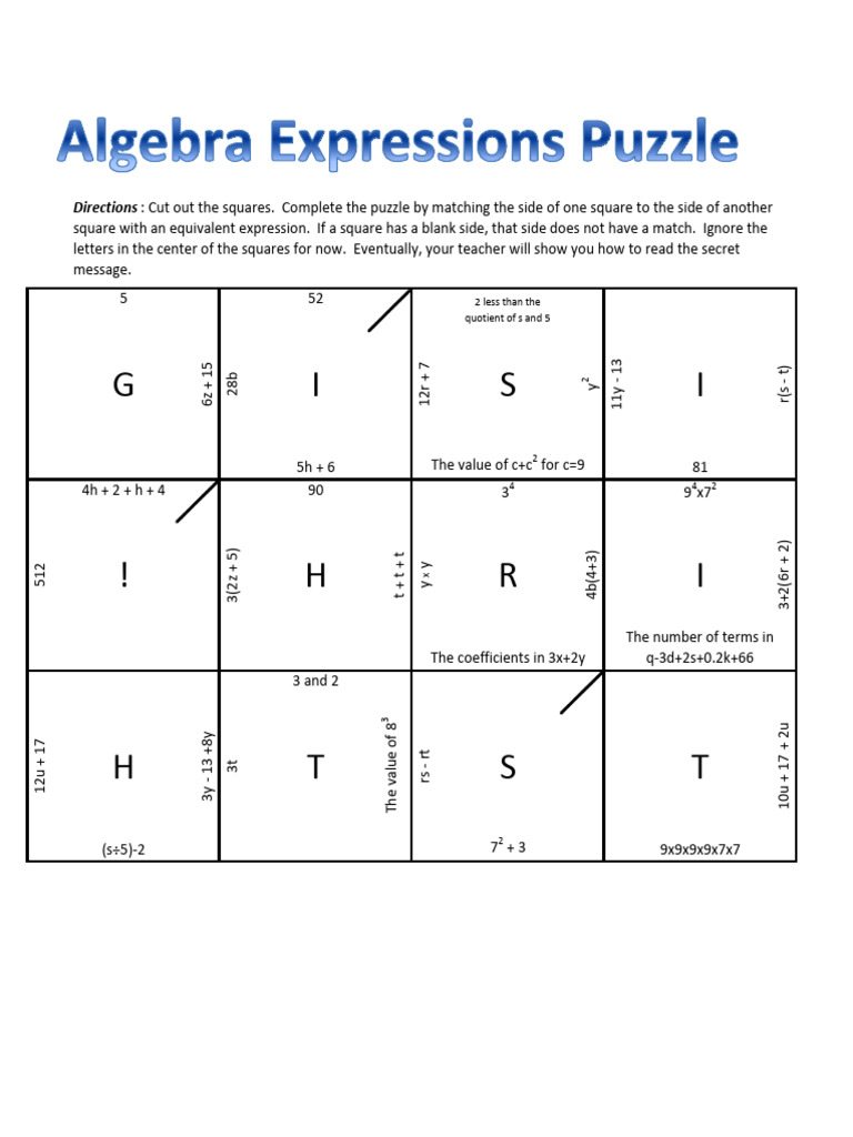 CommonCoreAlgebraExpressionsPracticePuzzleMathFun-1 | PDF