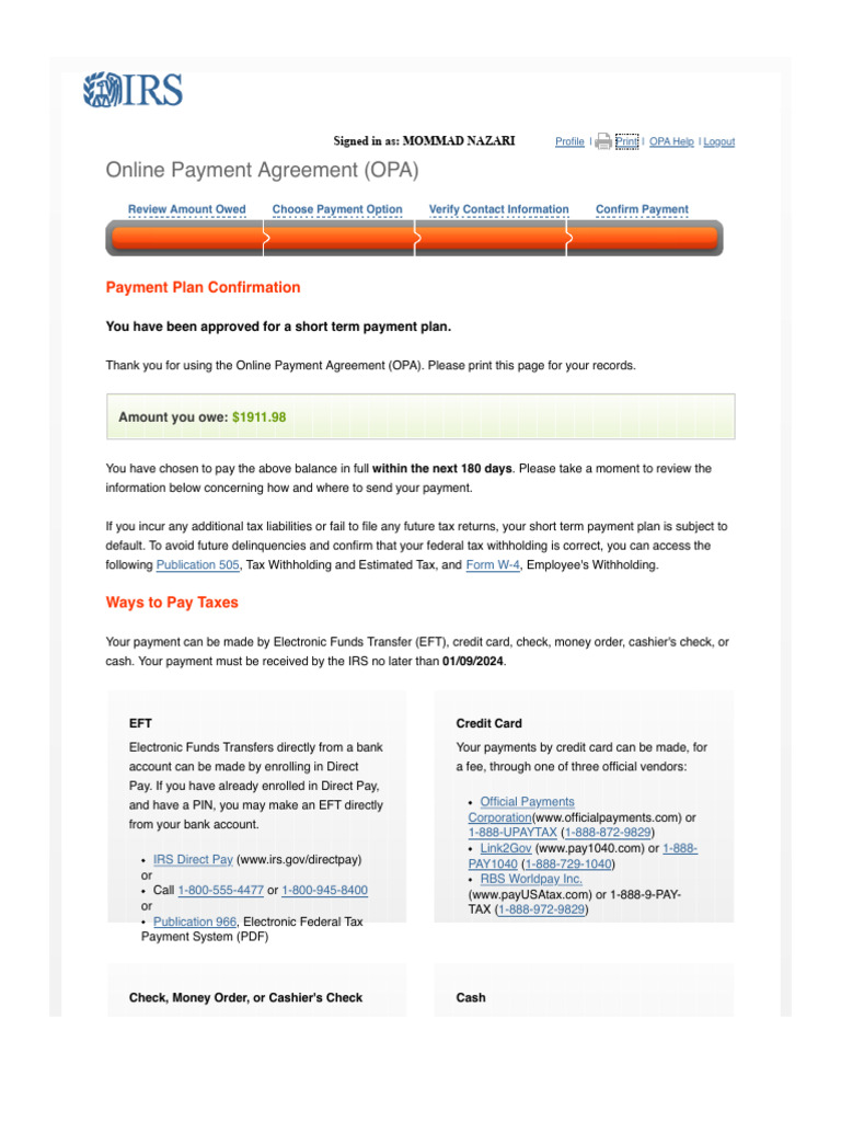 Short Term Payment Plan Confirmation | PDF