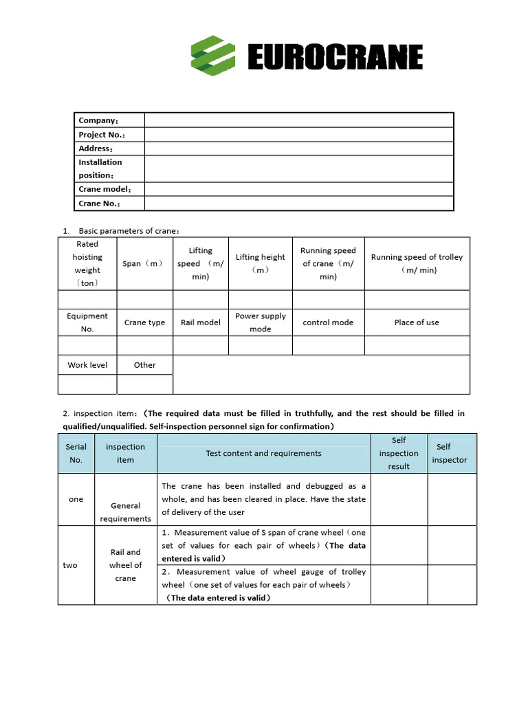 Crane Installation Self-Check Report | PDF | Crane (Machine) | Wire
