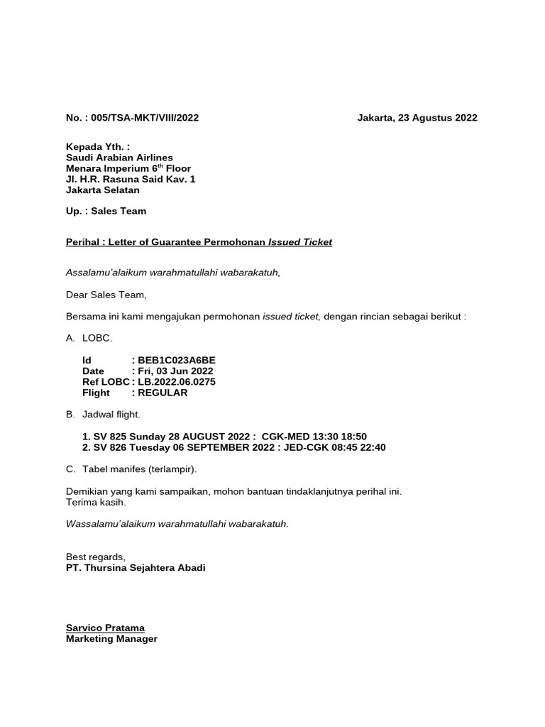 Surat Ke Saudi Airlines - Permohonan Issued Ticket Paket 28 Aguts | PDF