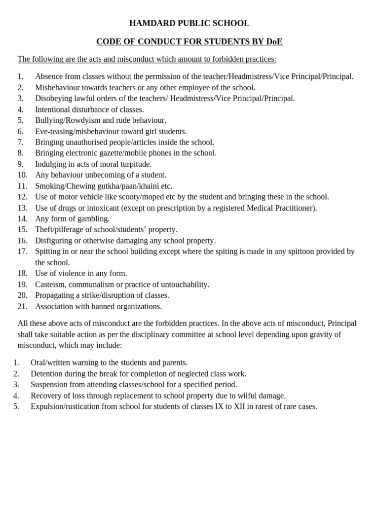Code of Conduct For Students | PDF