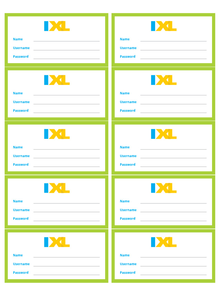 IXL Username and Password Cards | PDF